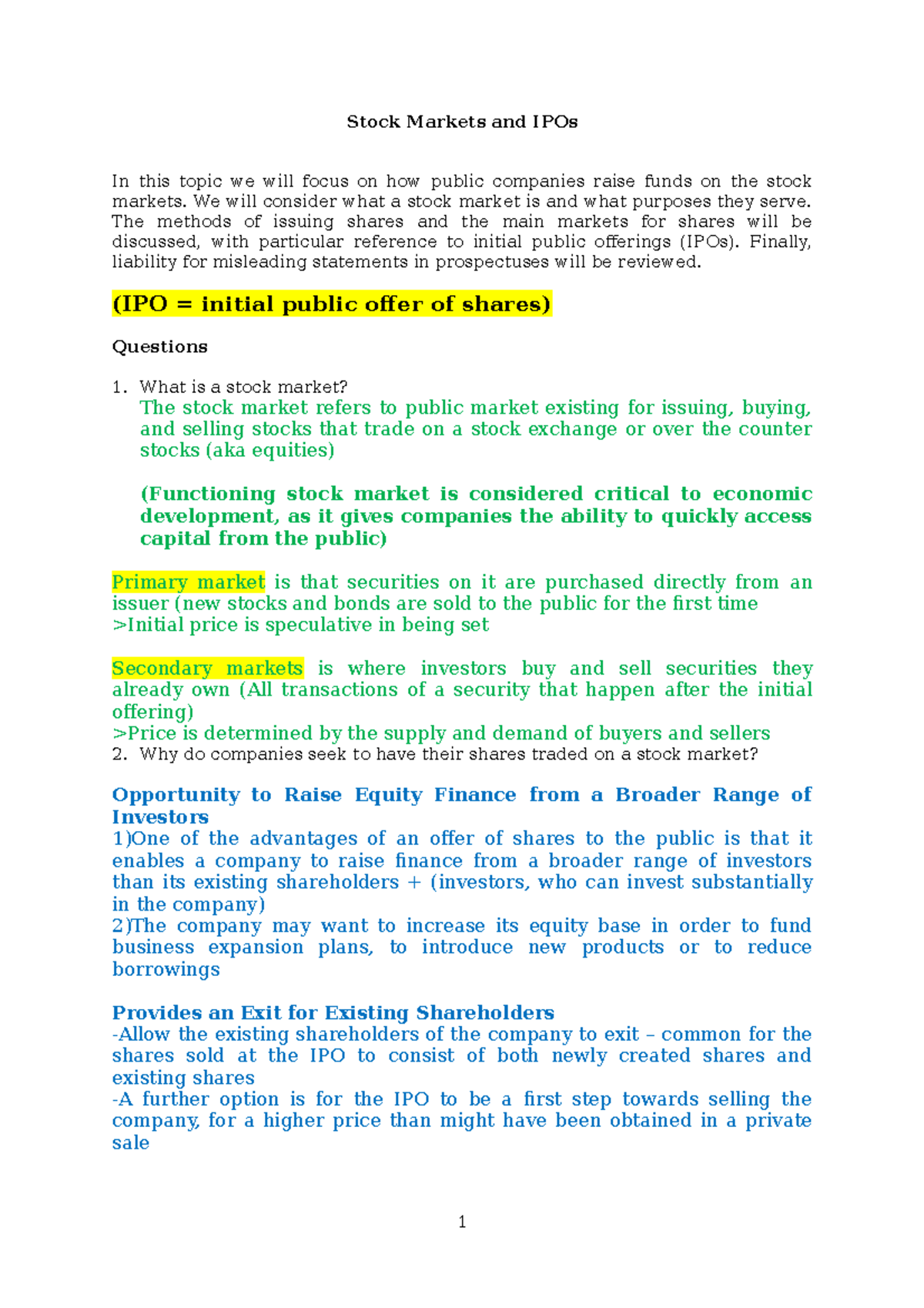 Stock Markets and IPOs - Handout - 2022-2023 - Stock Markets and IPOs In this topic we will ...