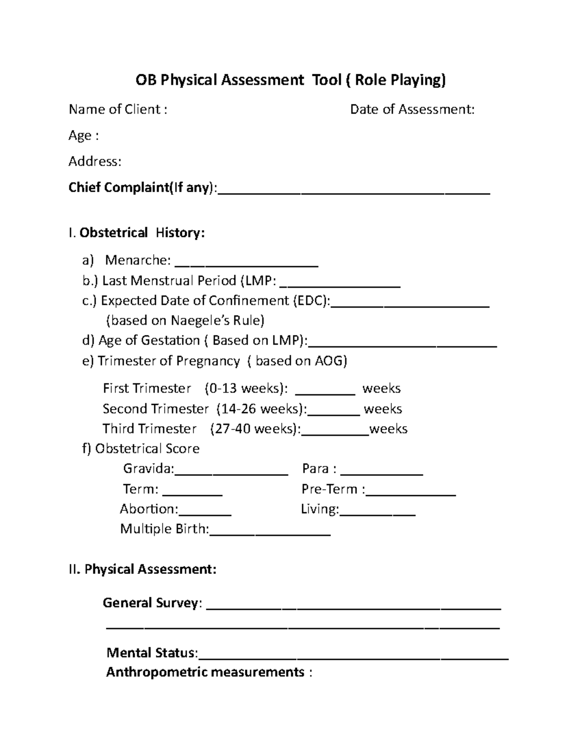Final OB Health Assessment Tool for Role Playing-2 - Nursing - Studocu