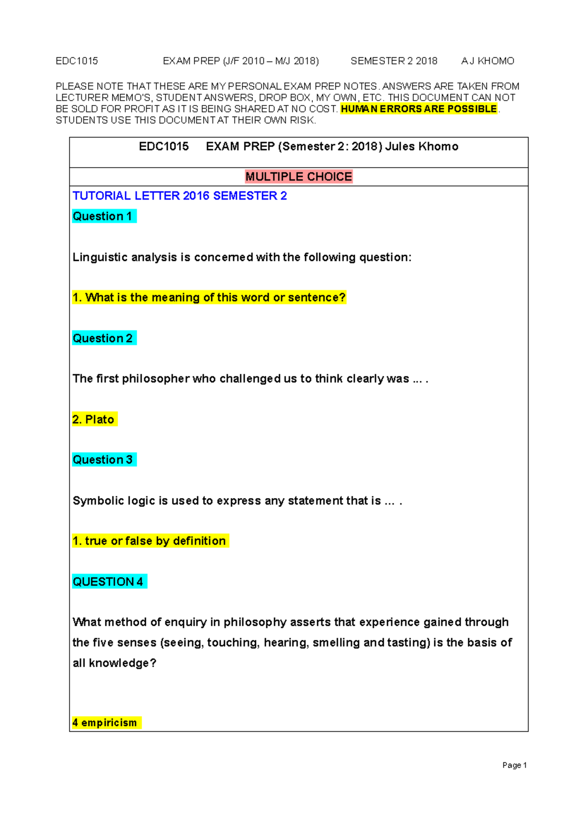 EDC1015-EXAM-PREP-2018- Jules- Khomo - PLEASE NOTE THAT THESE ARE MY ...