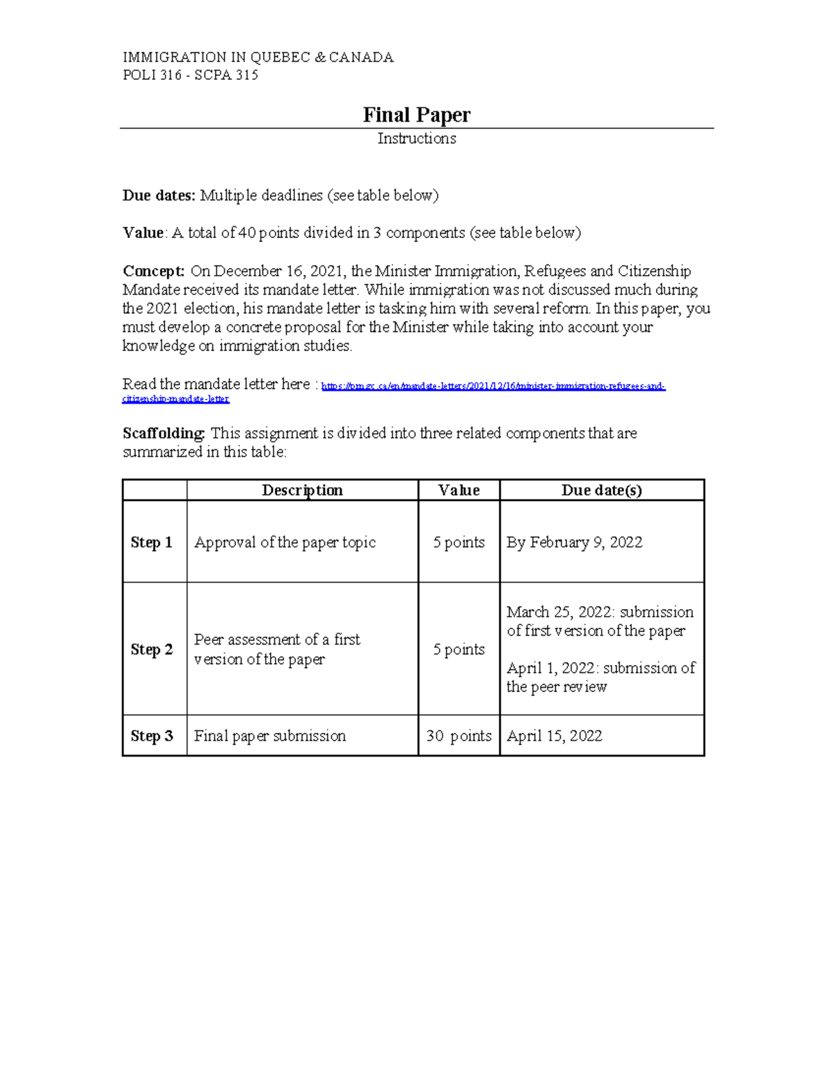 Final paper Instructions winter 2022 - POLI 316 - SCPA 315 Final Paper ...