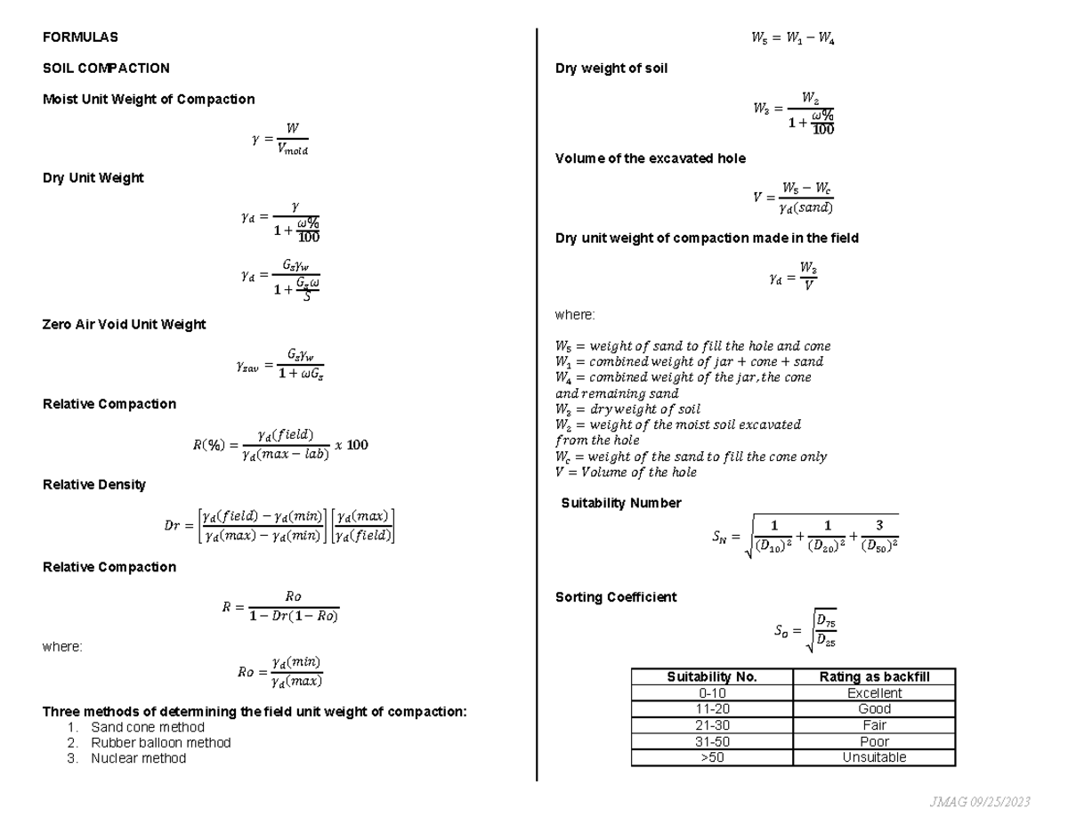 Compaction- Formulas - Notes - JMAG 09/25/ FORMULAS SOIL COMPACTION ...