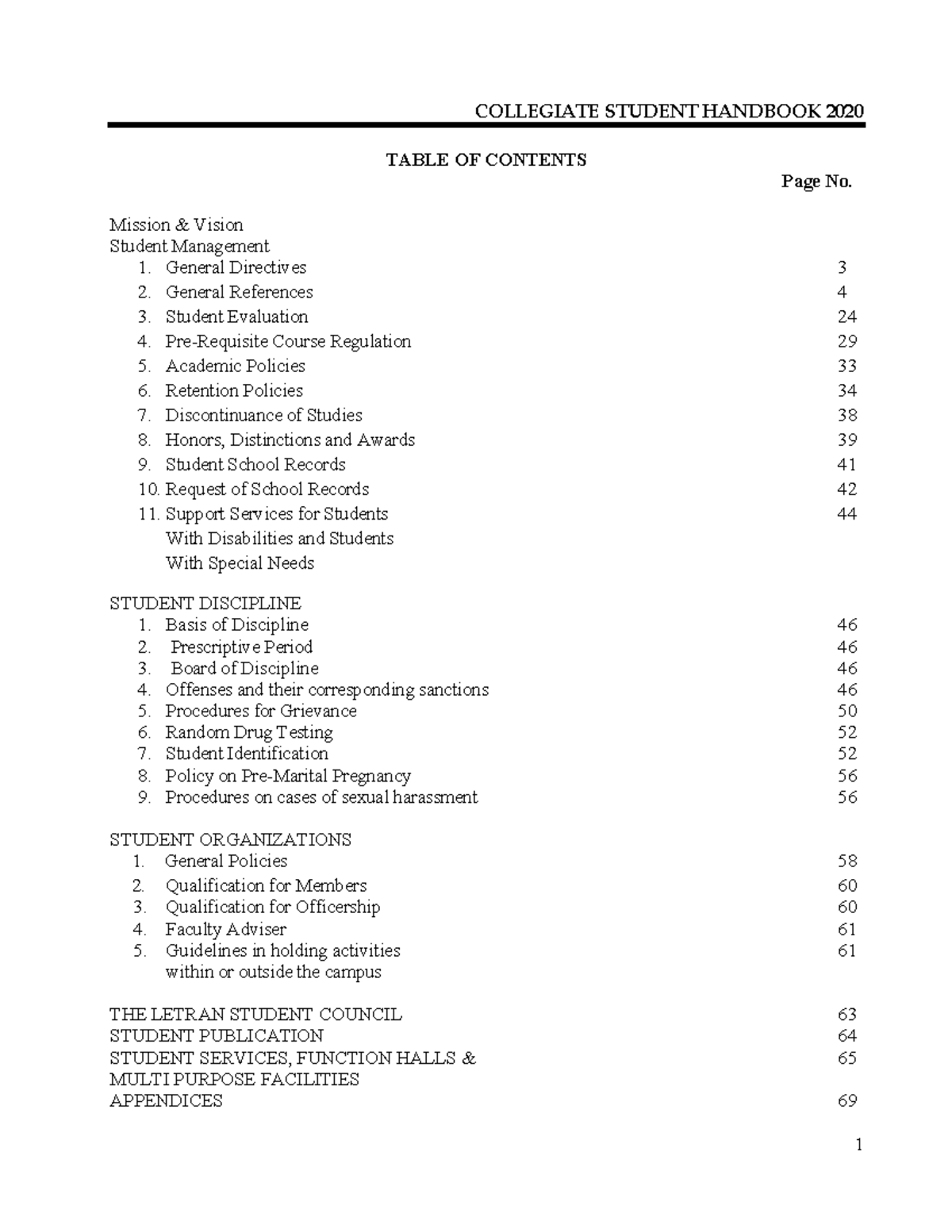 Student Handbook 2020 - TABLE OF CONTENTS Page No. Mission & Vision ...