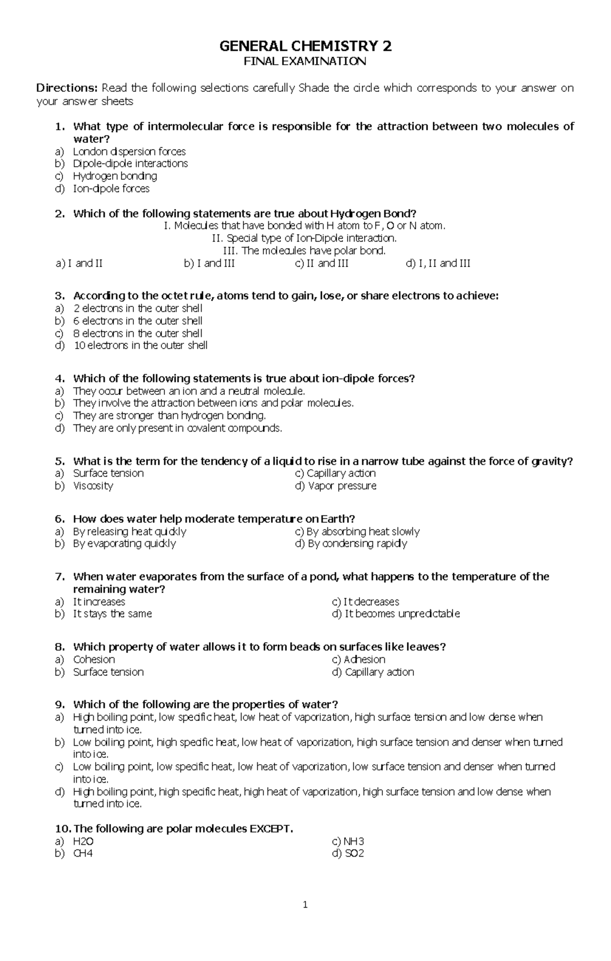 Final Examination GEN CHEM 2 - GENERAL CHEMISTRY 2 FINAL EXAMINATION ...