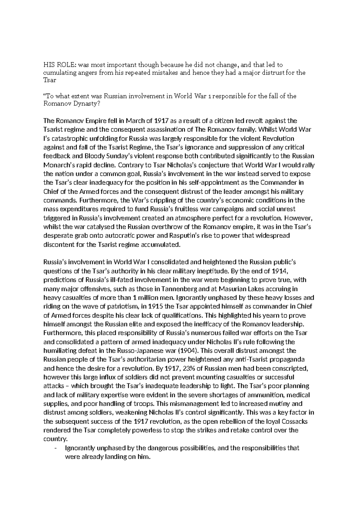 Romanov Essay - ghjk - HIS ROLE: was most important though because he ...