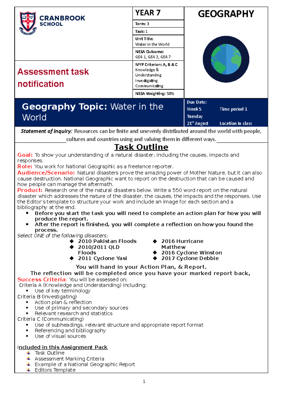 MYP task Term 3 - iouiyvtuy - YEAR 7 GEOGRAPHY Term: 3 Task: 1 Unit ...