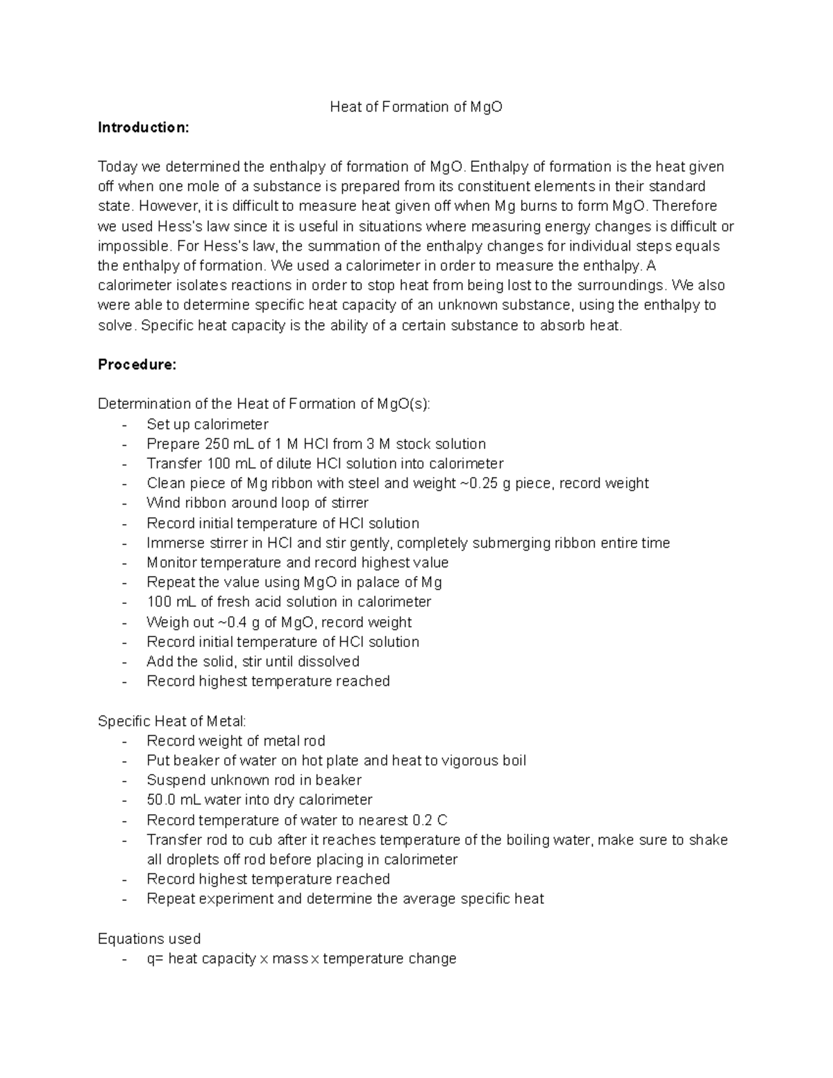 Expt #3 - Heat of Formation of MgO Lab report. - Heat of Formation of ...
