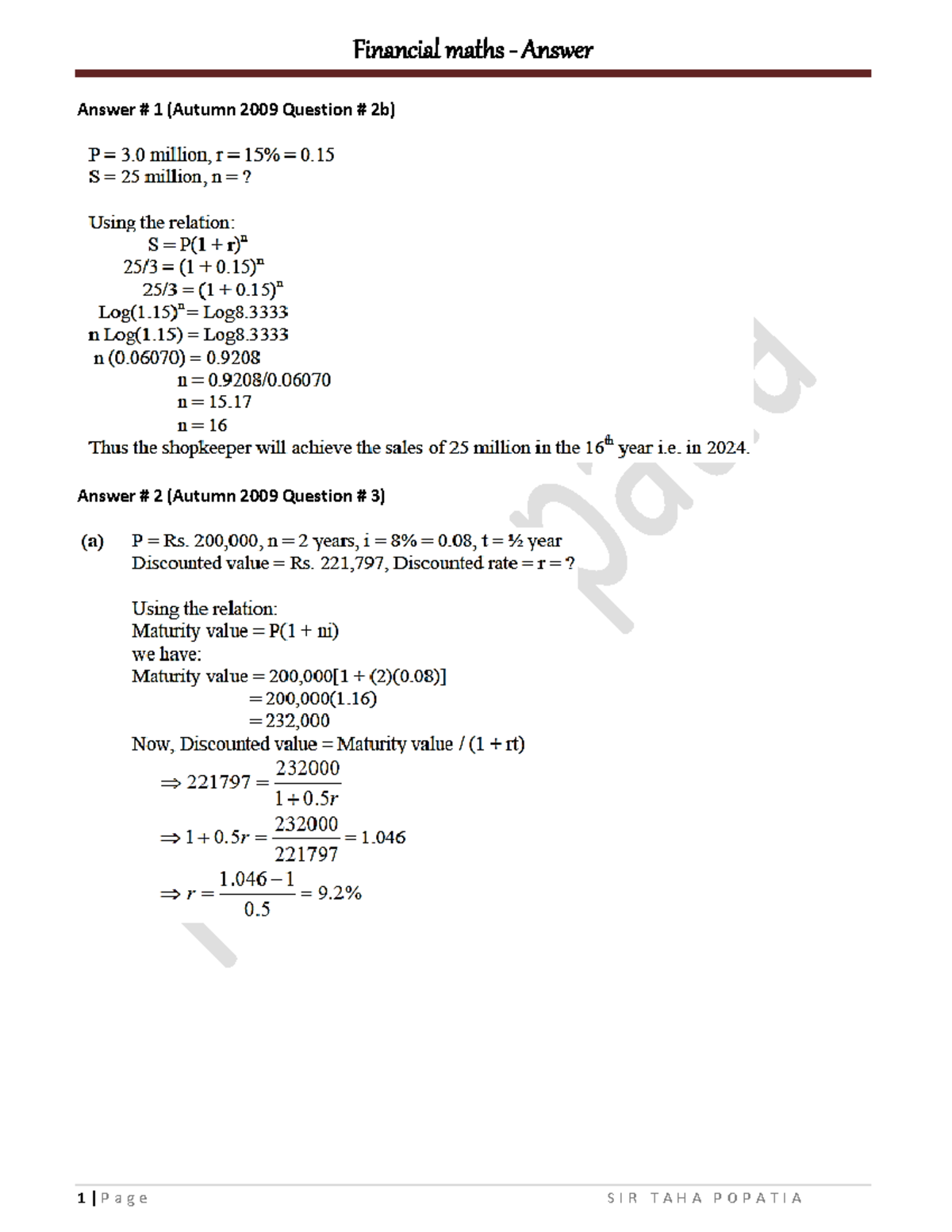 Financial maths - Answer - Financial Reporting - Answer # 1 (Autumn ...