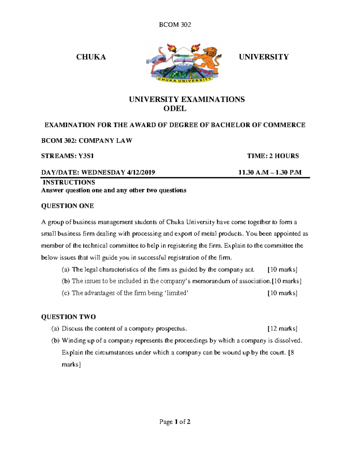 BCOM 302 - do as much practice as you can - BCOM 302 Page 1 of 2 CHUKA ...