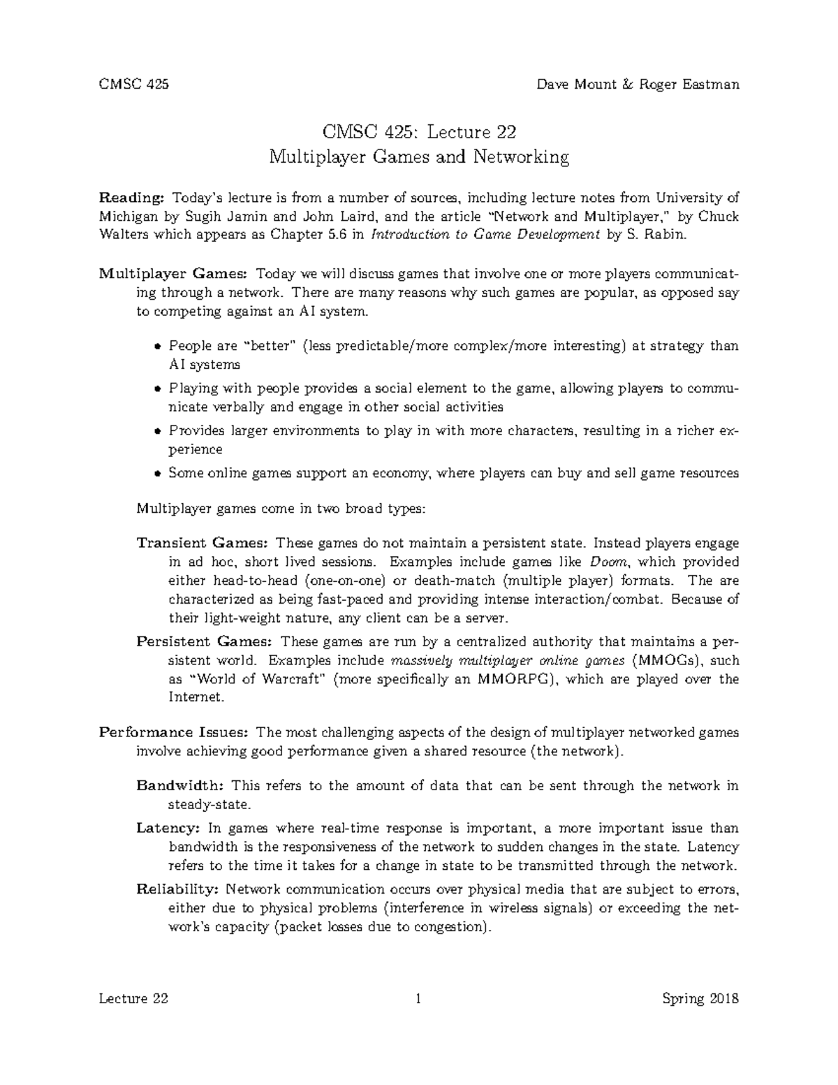 Lect22 Multiplayer Game Architecture And Design Cmsc 425 Lecture