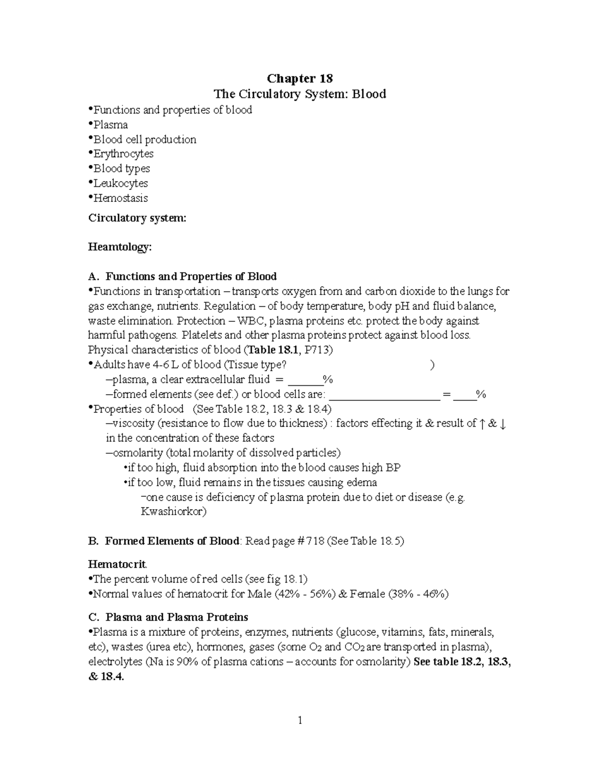 BSC2086 Ch18 - The Circulatory System - Blood - Chapter 18 The ...