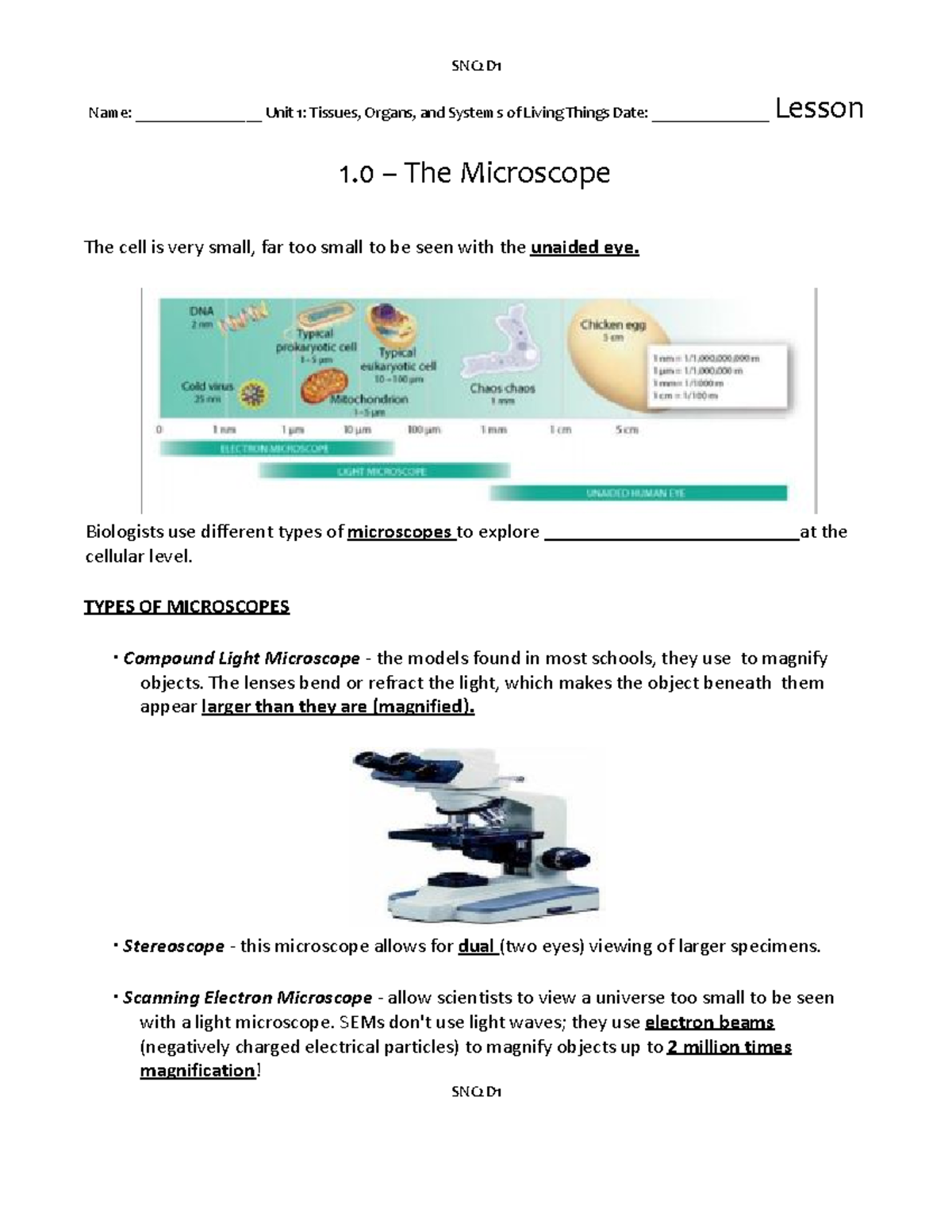 1.0 - The Microscope Student - ####### SNC2D Name ...