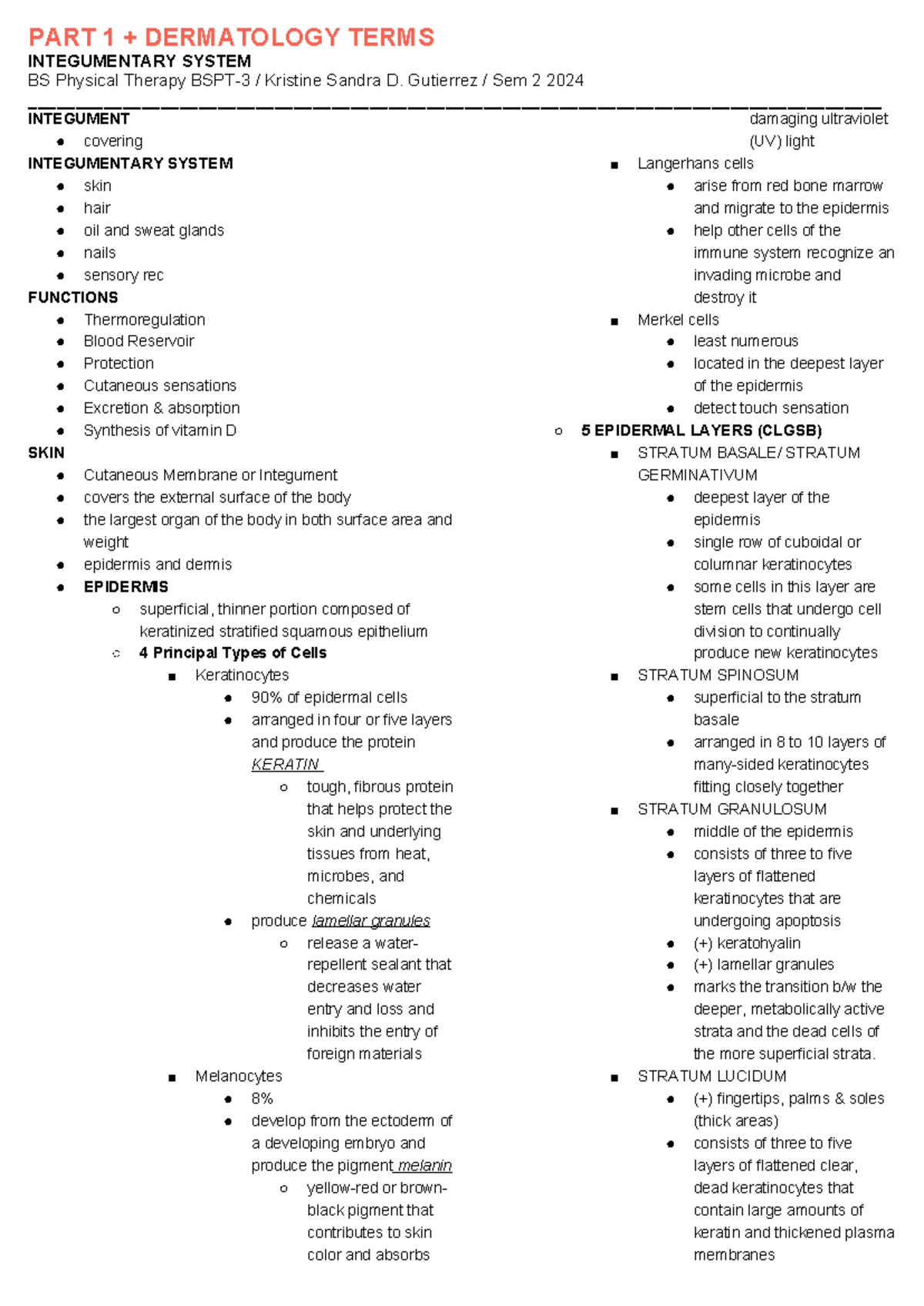 Part 1 - Integ - none - PART 1 + DERMATOLOGY TERMS INTEGUMENTARY SYSTEM ...