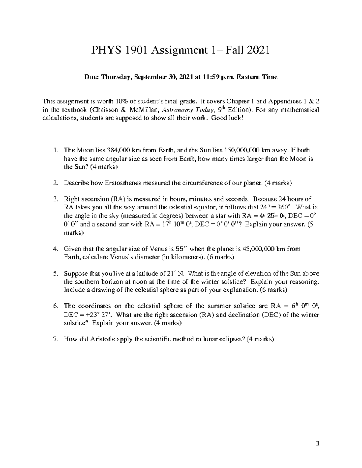 PHYS 1901 Assignment 1 - 201 - 1 PHYS 1901 Assignment 1– Fall 2021 Due: Thursday, September 30 ...