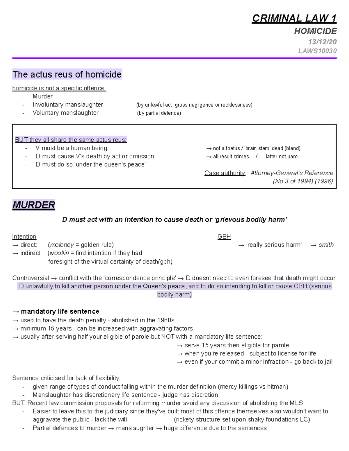 3) homicide - crim - CRIMINAL LAW 1 HOMICIDE 13/12/ LAWS The actus reus ...