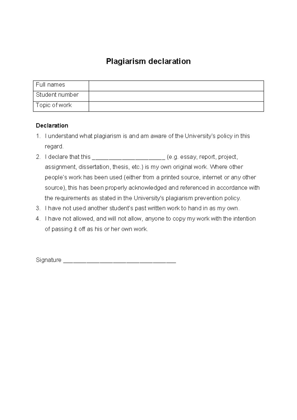 Plagiarism declaration - Plagiarism declaration Full names Student ...