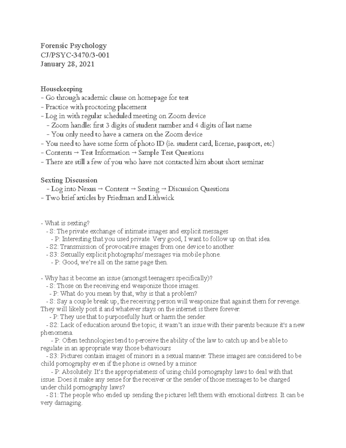 Forensic Psychology - Forensic Psychology CJ/PSYC-3470/3- January 28 ...