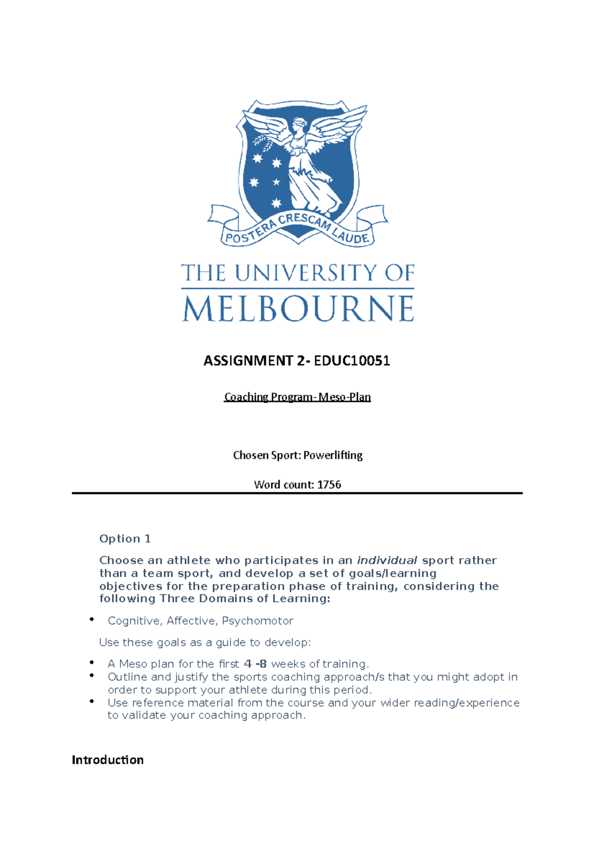 Assignment 2 EDUC10051 - ASSIGNMENT 2- EDUC Coaching Program- Meso-Plan ...