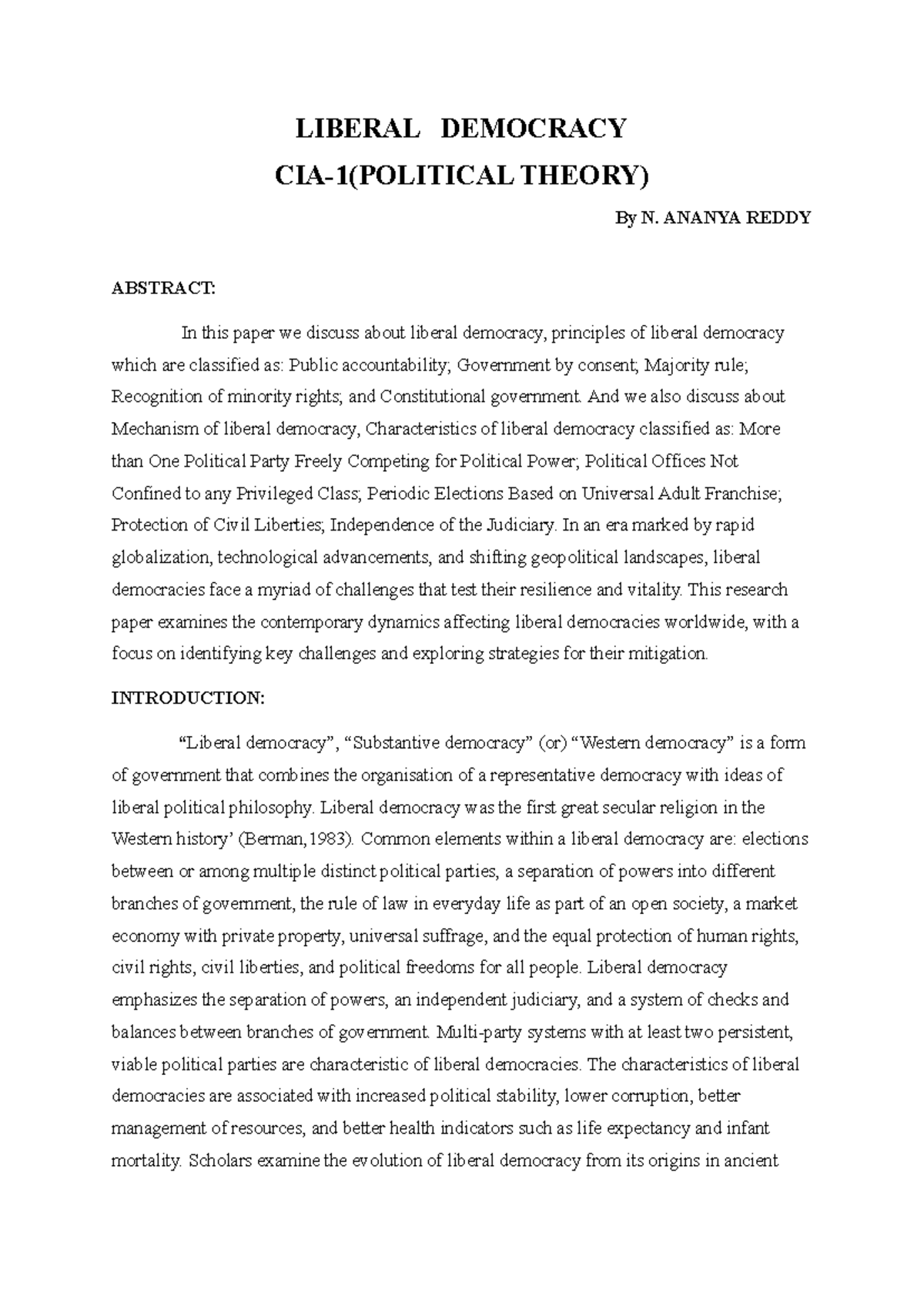 Abstract - notes on liberal democracy - LIBERAL DEMOCRACY CIA- 1 ...
