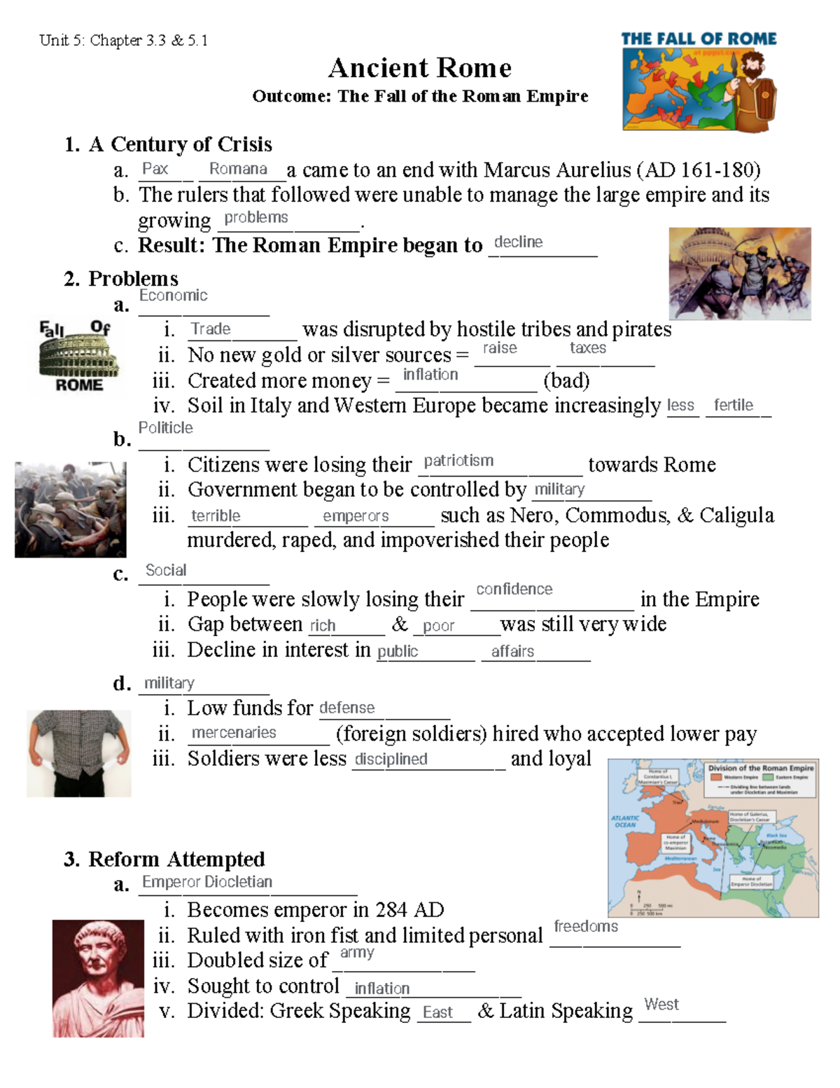 Fall of Roman Empire Guided Notes - Unit 5: Chapter 3 & 5. Ancient Rome ...