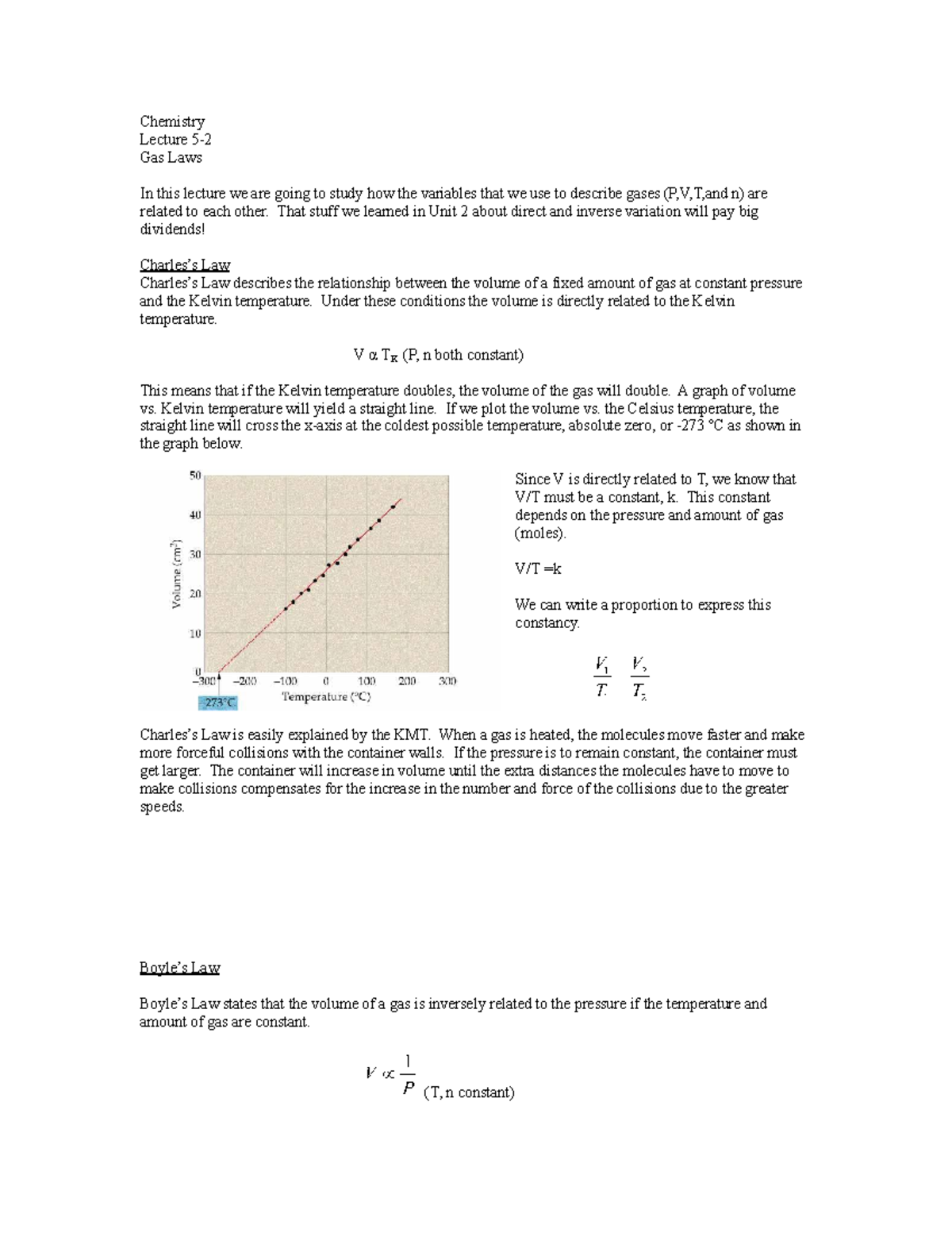 Lecture 5-2 Gas Laws - chem notes - Chemistry Lecture 5- Gas Laws In ...