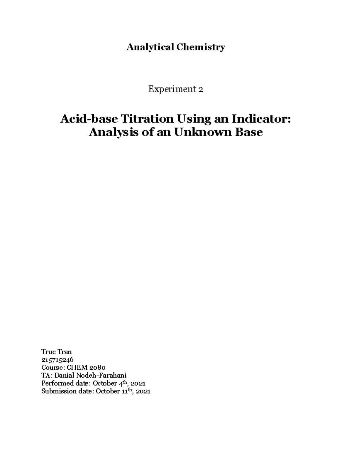 Lab 2 - LAB - Analytical Chemistry Experiment 2 Acid-base Titration ...