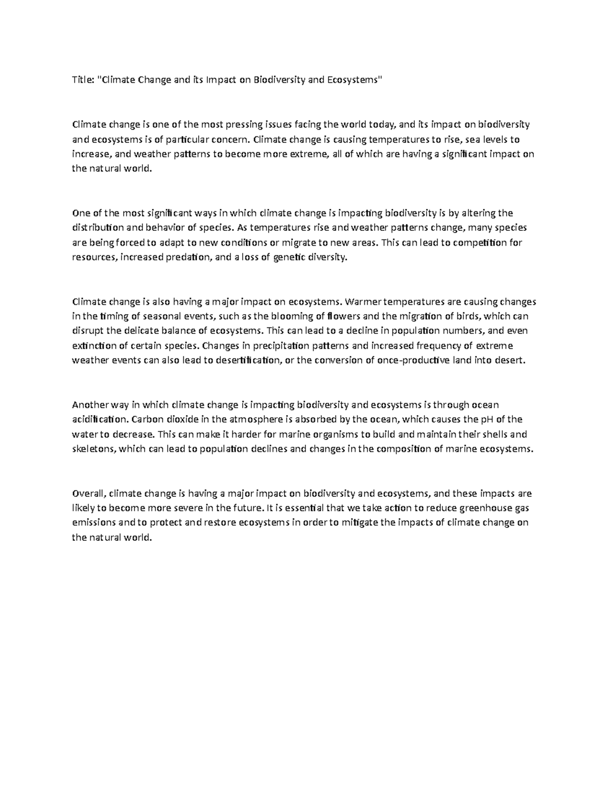 Climate Change and its Impact on Biodiversity and Ecosystems - Title ...