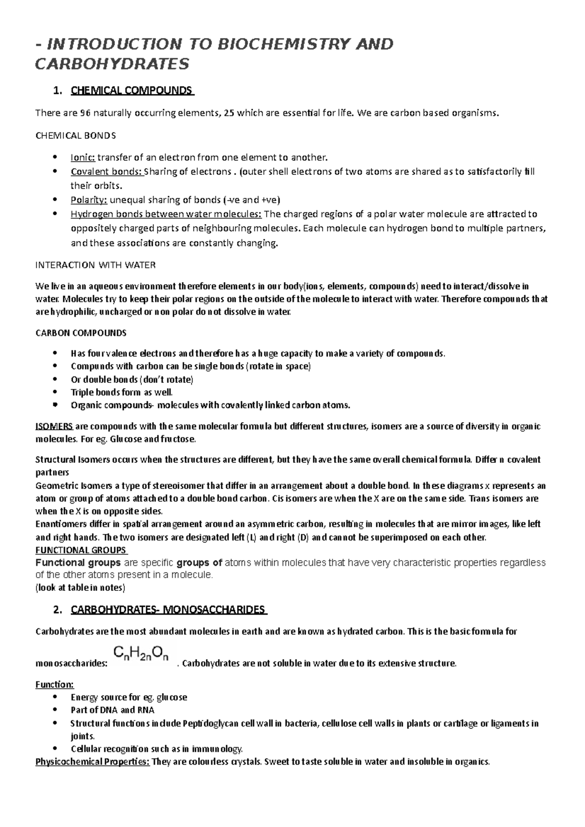 Intro to biochem notes - INTRODUCTION TO BIOCHEMISTRY AND CARBOHYDRATES ...
