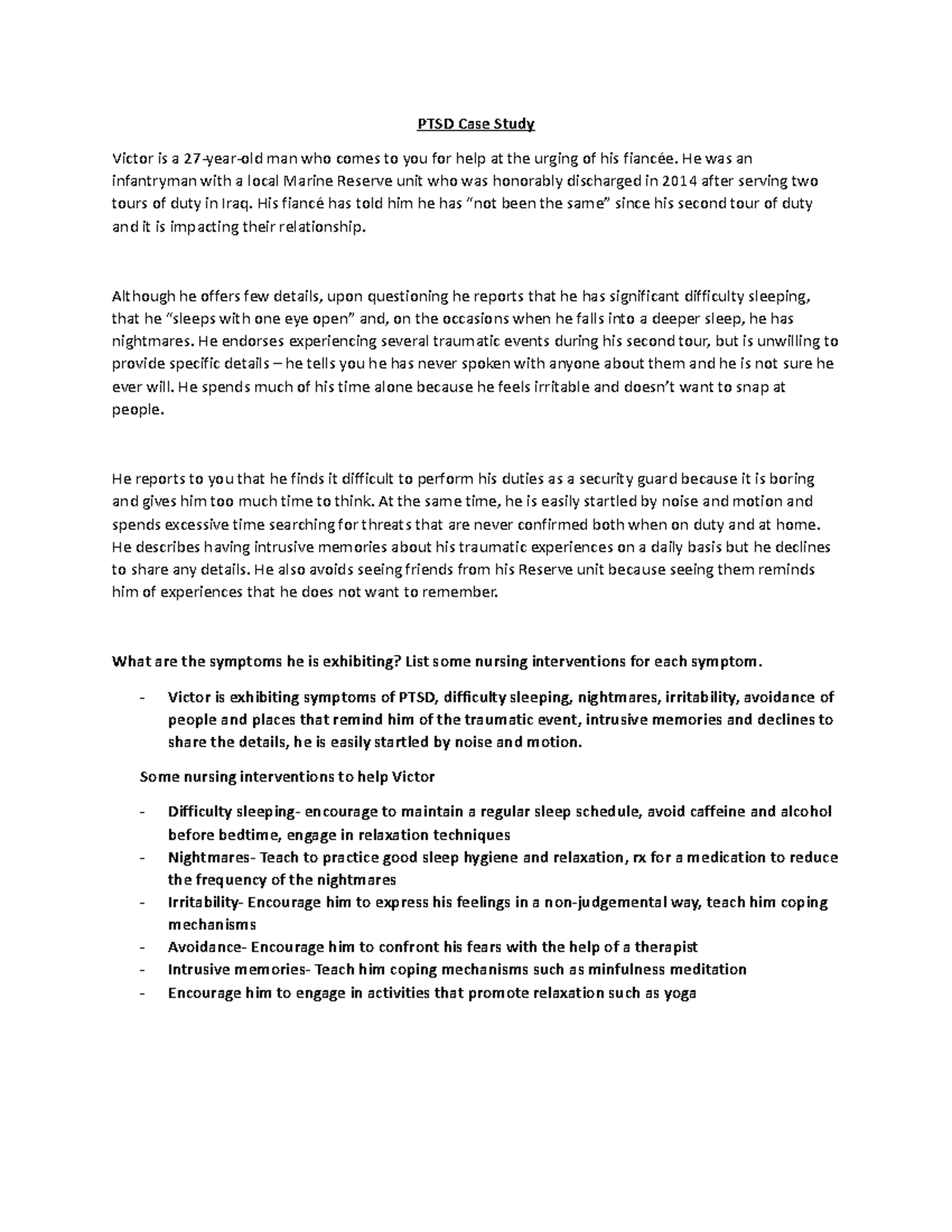 PTSD Case Study - PTSD Case Study Victor is a 27-year-old man who comes ...