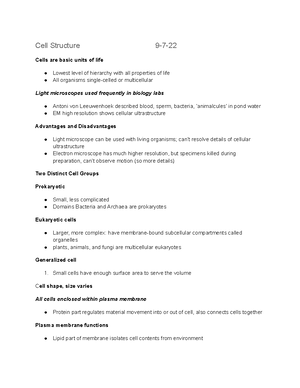 Cell biology - BIOLOGY 1110 - Studocu