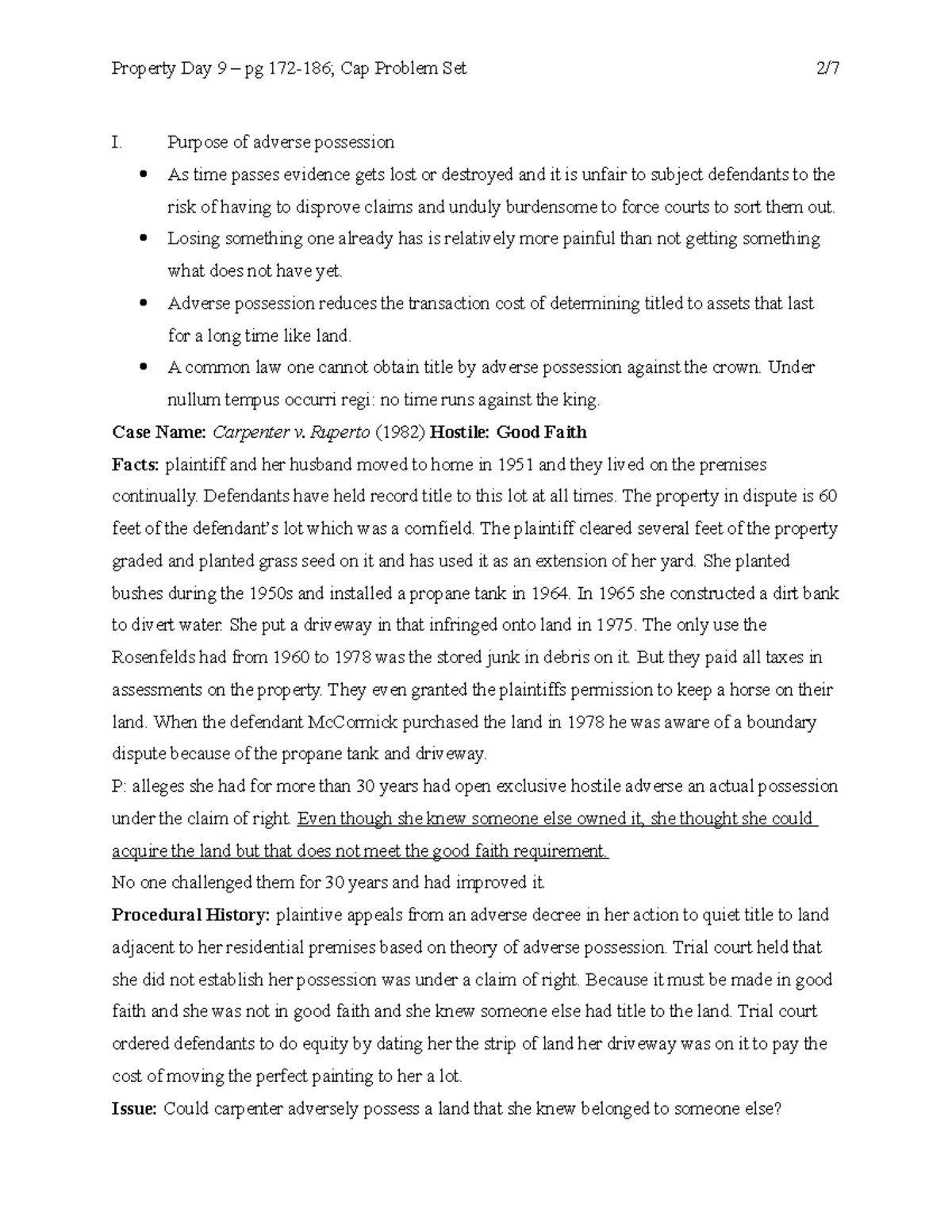 Day 9 – pg 172-186; Cap Problem Set - I. Purpose of adverse possession ...