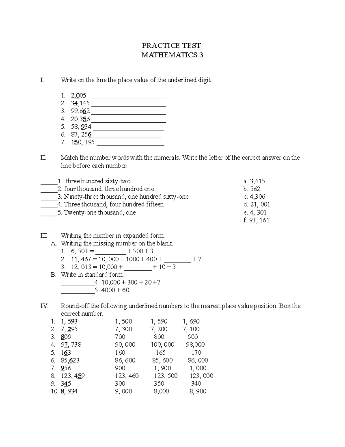 Practice TEST - PRACTICE TEST MATHEMATICS 3 I. Write on the line the ...