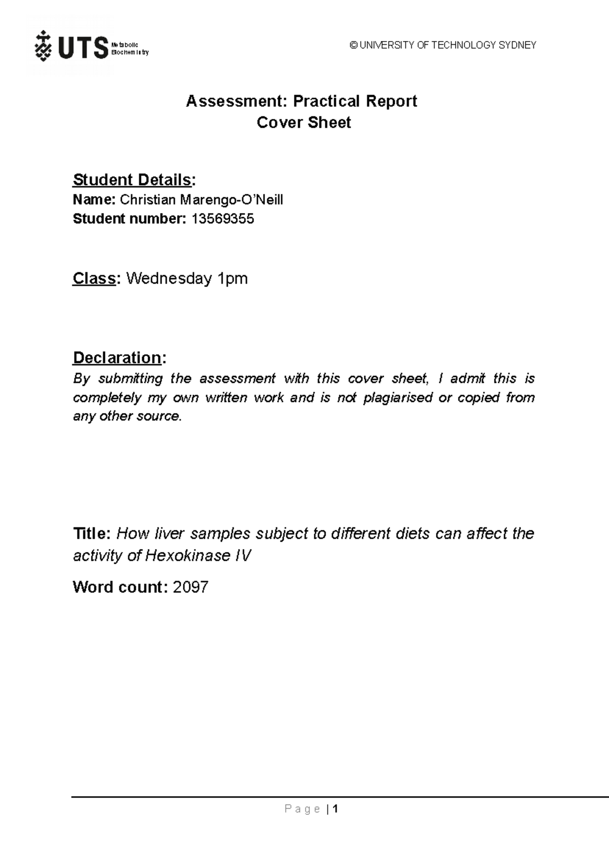 91320 Practical Report - Biochemistry © UNIVERSITY OF TECHNOLOGY SYDNEY ...