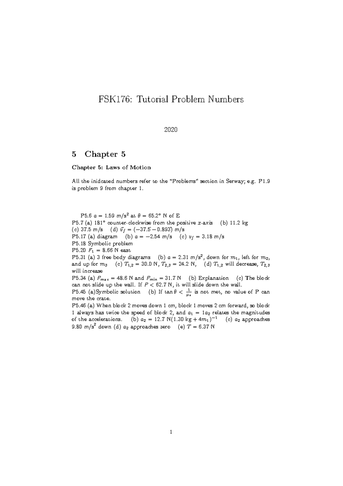 FSK176 Ch 5 - fsk - FSK176: Tutorial Problem Numbers 2020 5 Chapter 5 ...