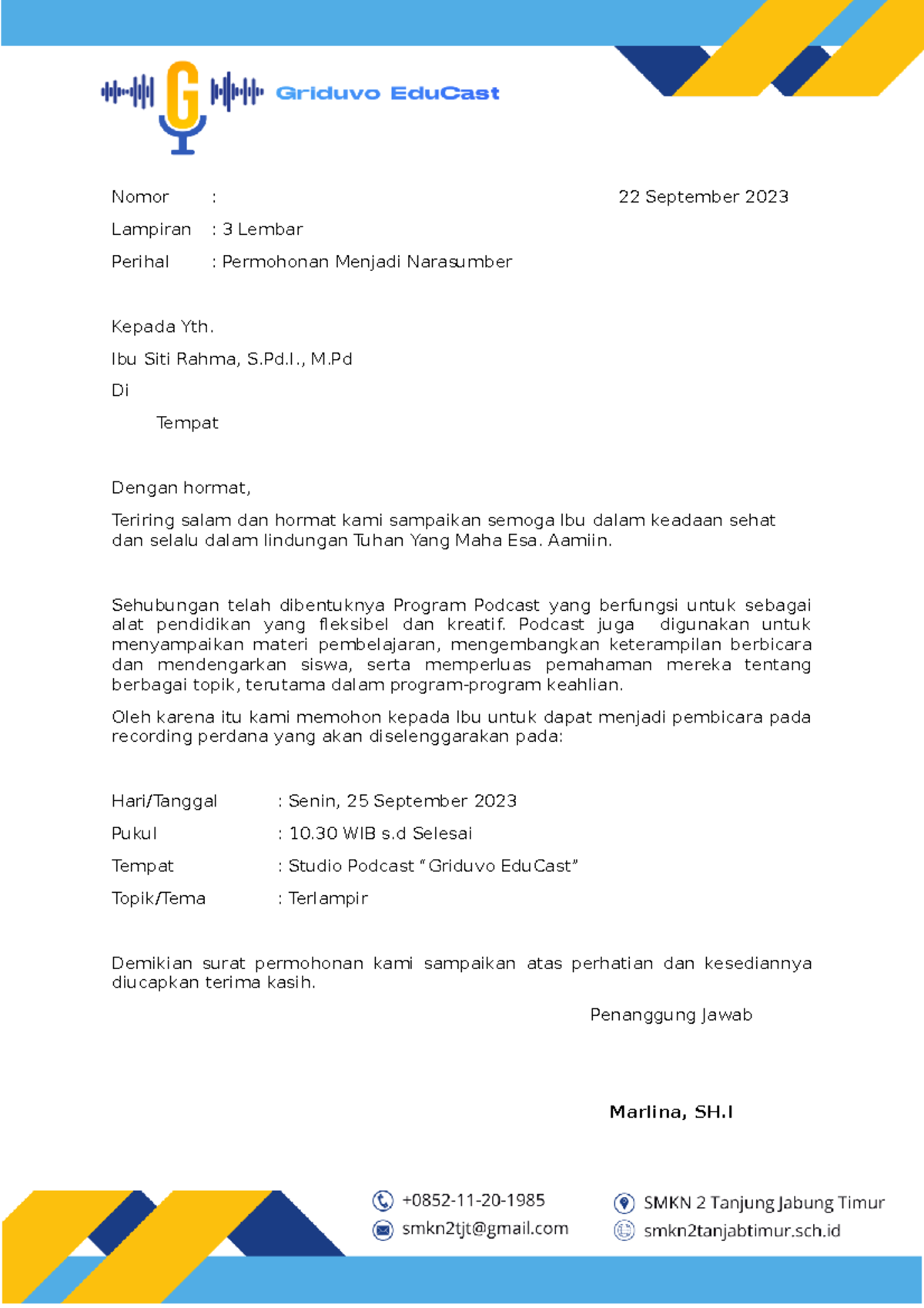 Surat Permohonan Narasumber Podcast - Nomor : 22 September 2023 ...