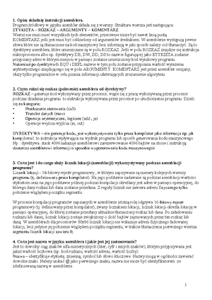 ASM opracowanie - Streszczenie Asembler - Opisz składnię instrukcji ...