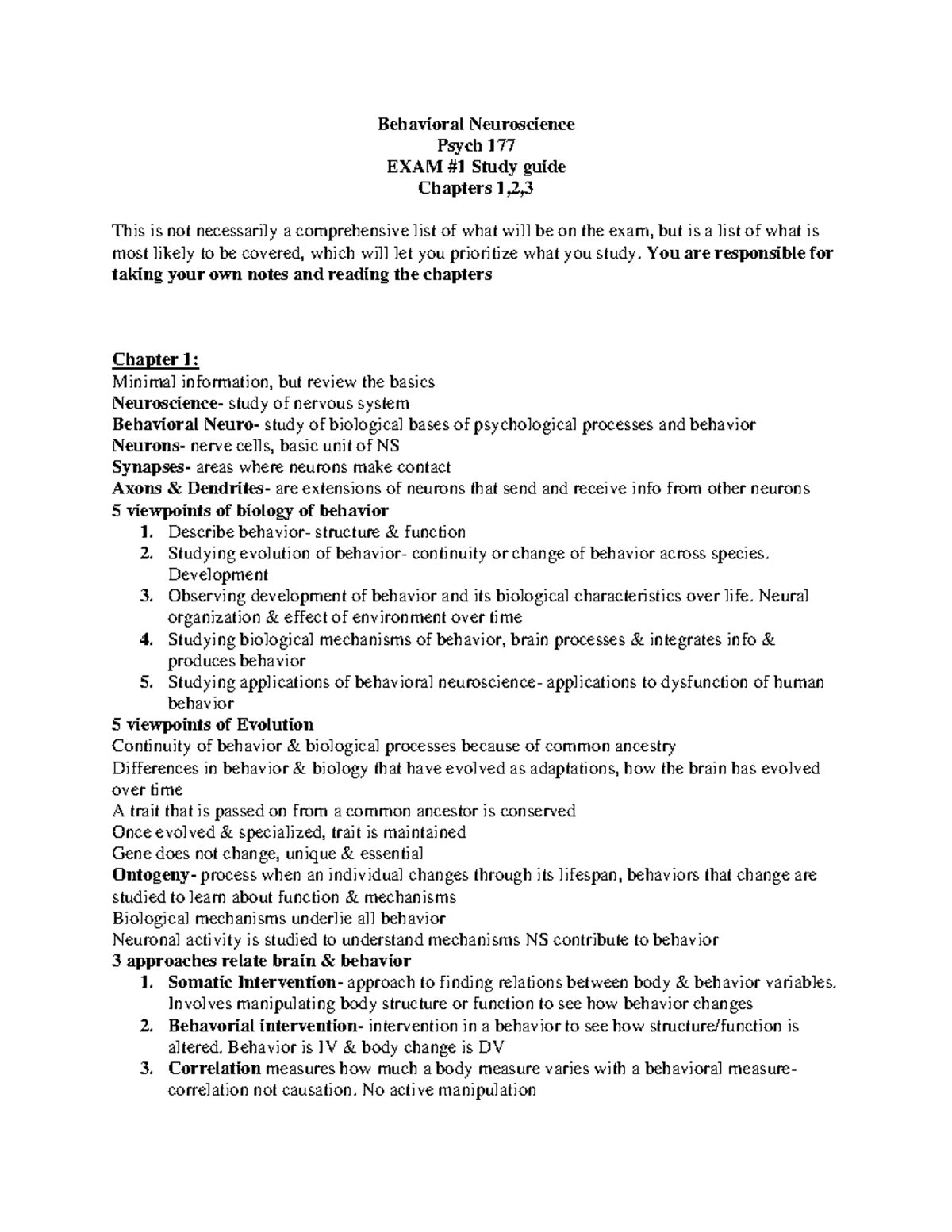H-Behavioral Neuroscience Study Guide 1 - Behavioral Neuroscience Psych ...