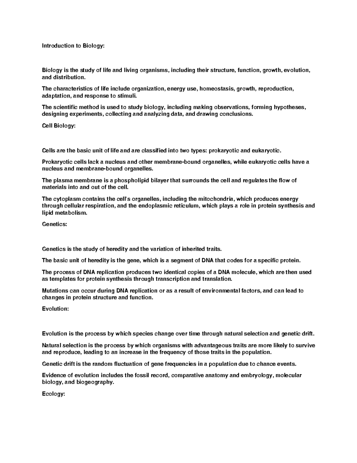 Biology - Introduction to Biology: Biology is the study of life and ...