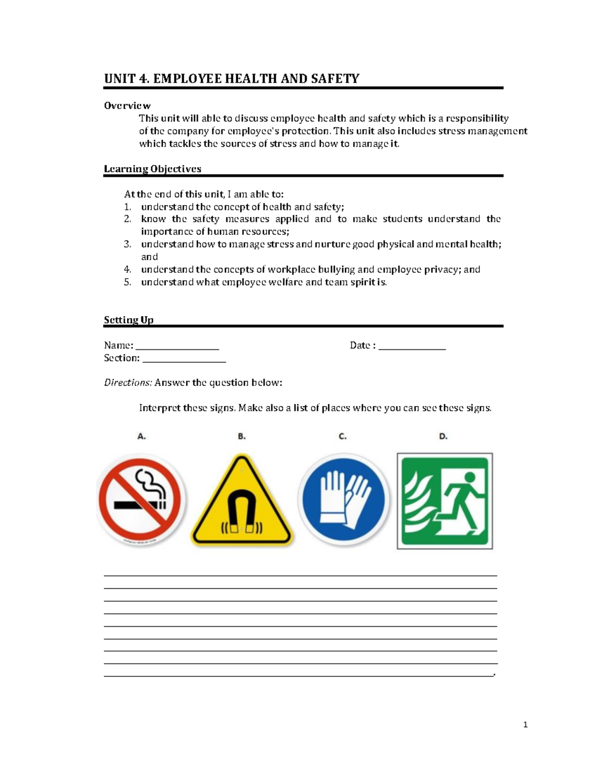 LU-4 - UNIT 4. EMPLOYEE HEALTH AND SAFETY Overview This unit will able ...