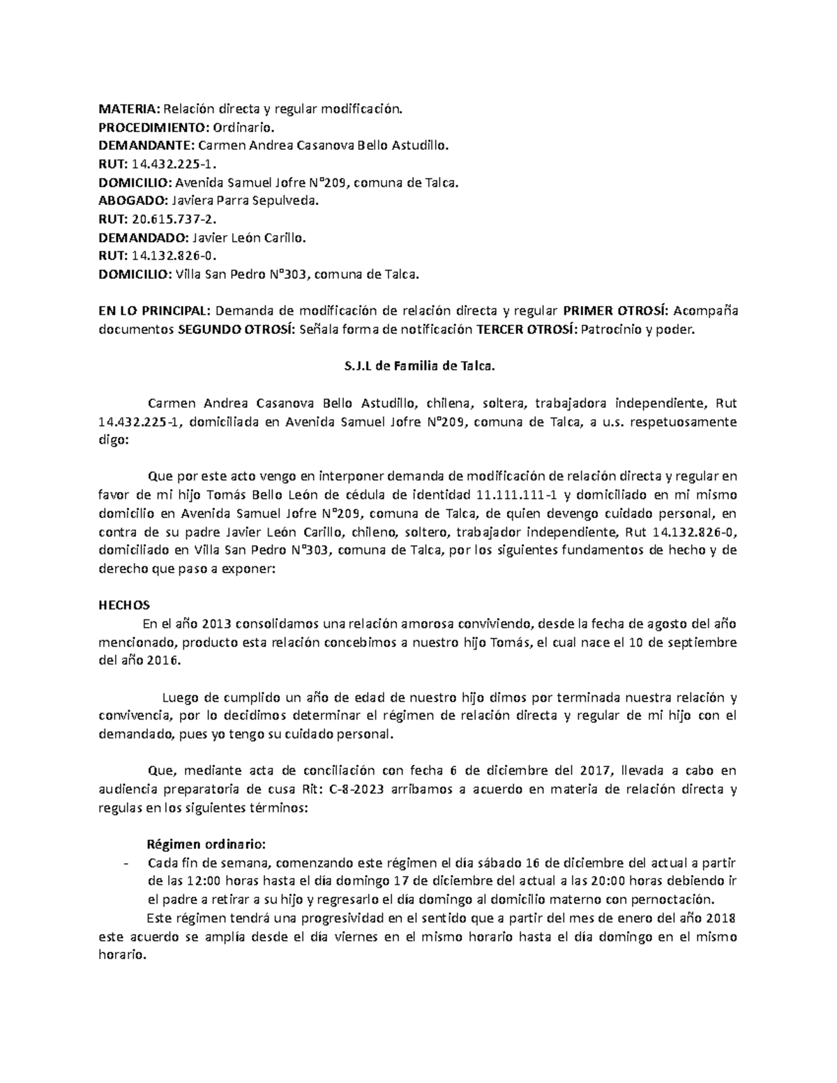 escrito de demanda de modificación de relacion directa y regular ...