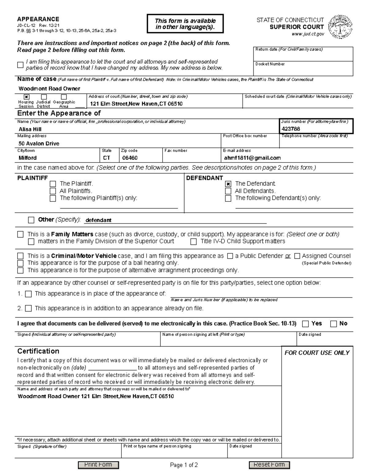 Appearance - some work I have to do - Page 1 of 2 FOR COURT USE ONLY ...
