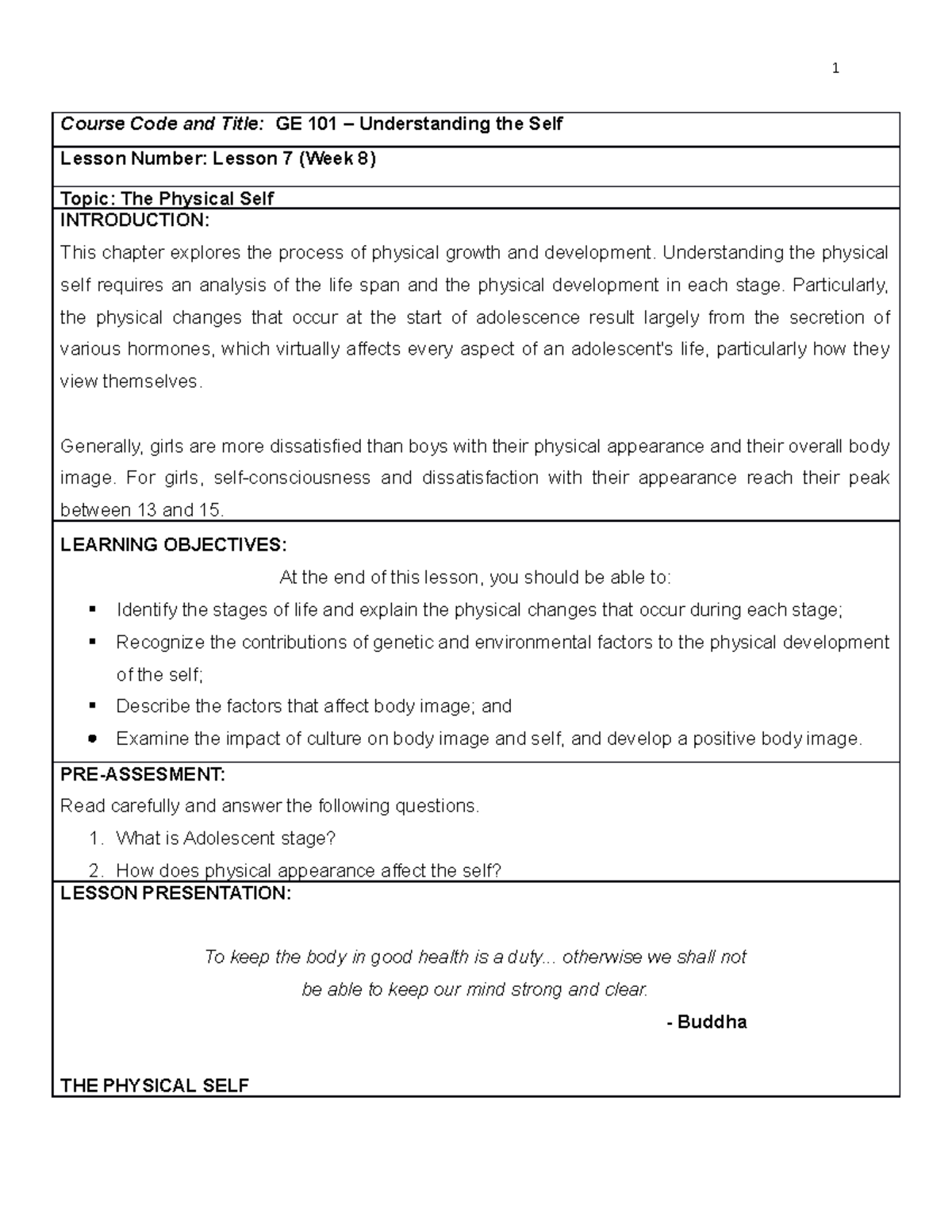Lesson 7 Week 8 The Physical Self by Sir CSD - Course Code and Title ...