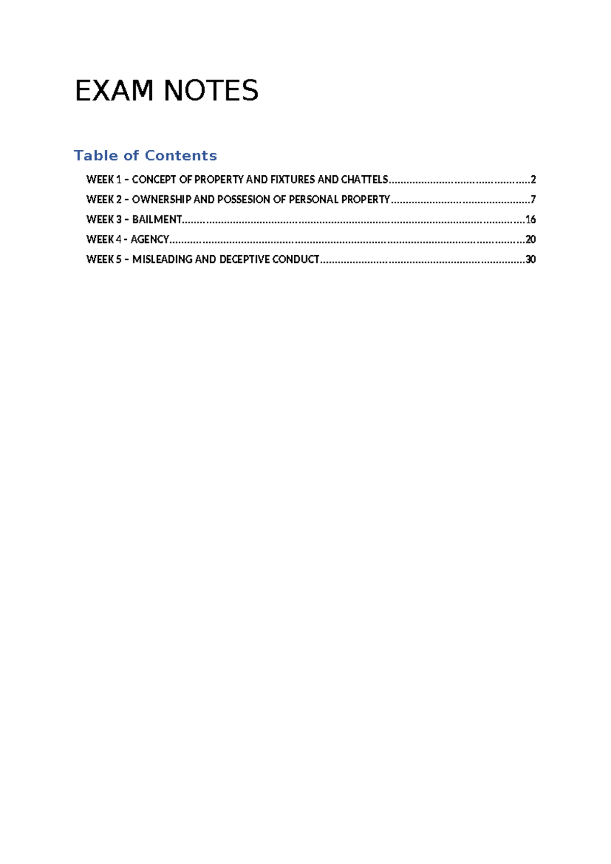 LLB204 EXAM Notes - EXAM NOTES Table of Contents ####### WEEK 1 ...