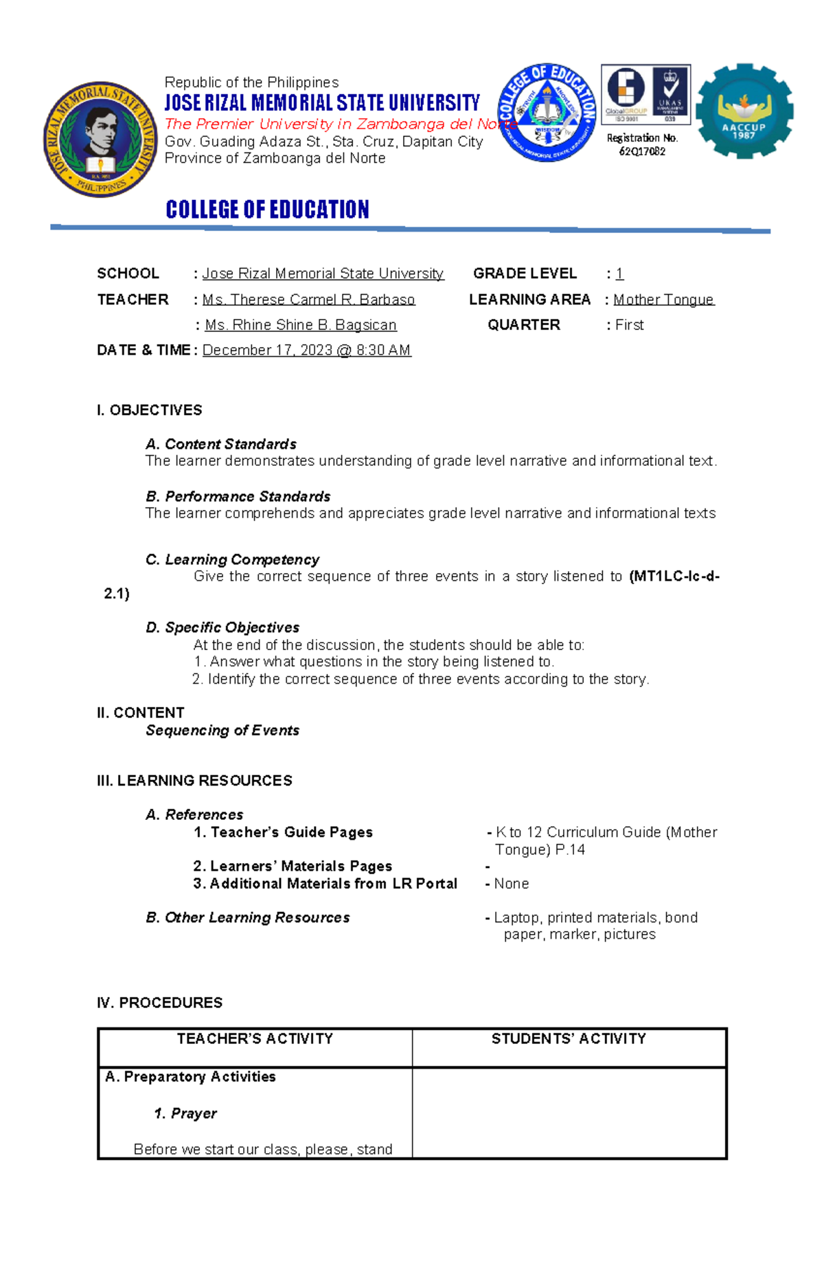MTB MLE Lesson PLAN - COLLEGE OF EDUCATION SCHOOL : Jose Rizal Memorial ...