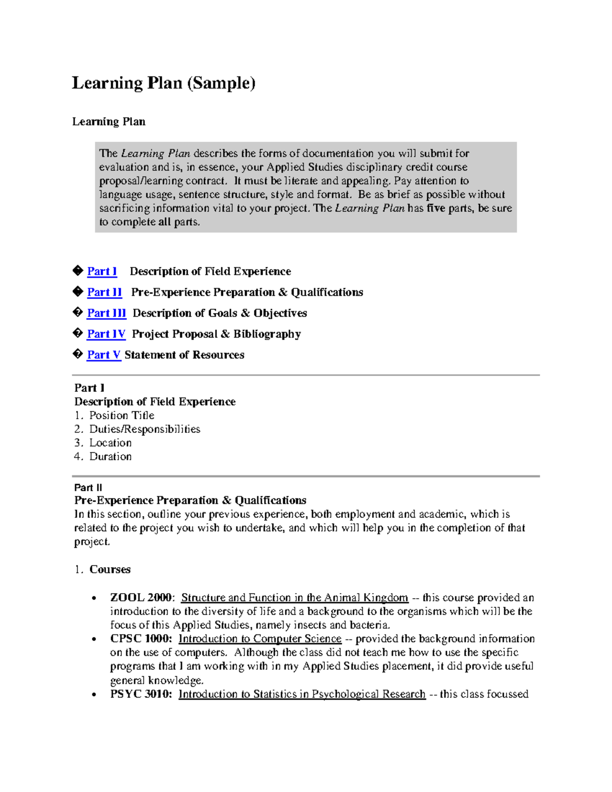 Learning Plan Sample - Learning Plan (Sample) Learning Plan The ...