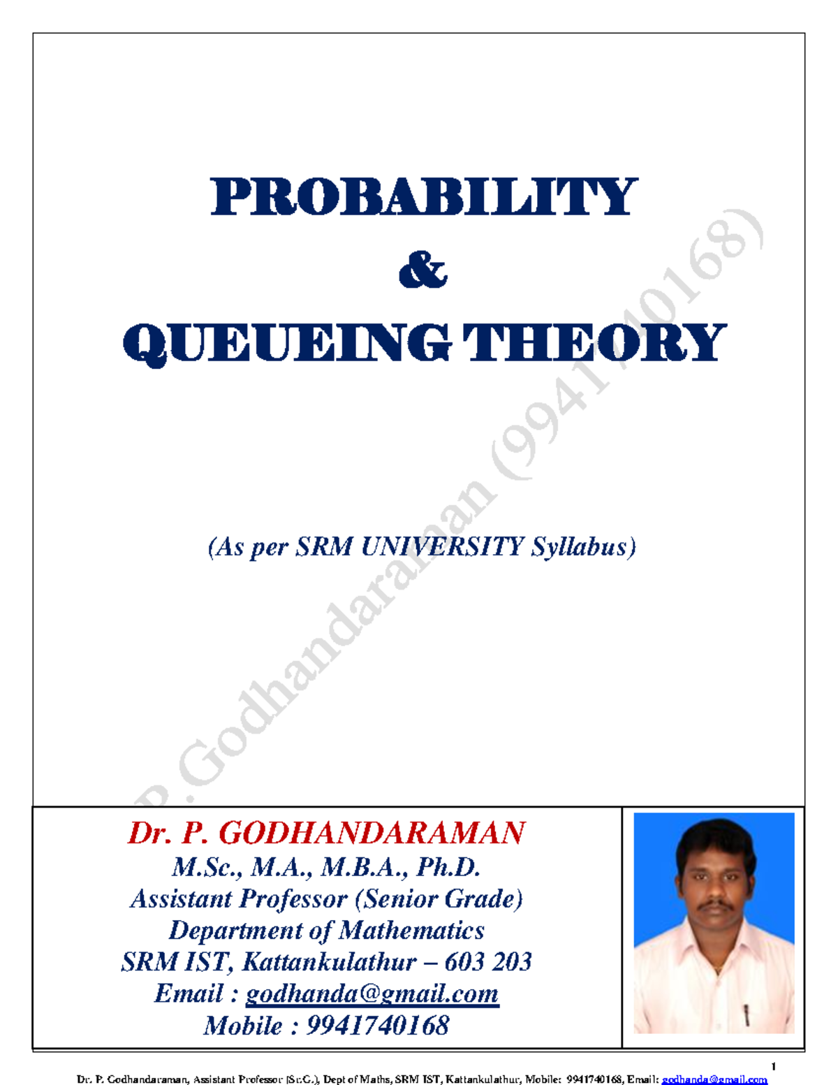 Unit 4, 5 - 21MAB204T - PQT - April 2023 - 1 PROBABILITY & QUEUEING THEORY (As per SRM - Studocu