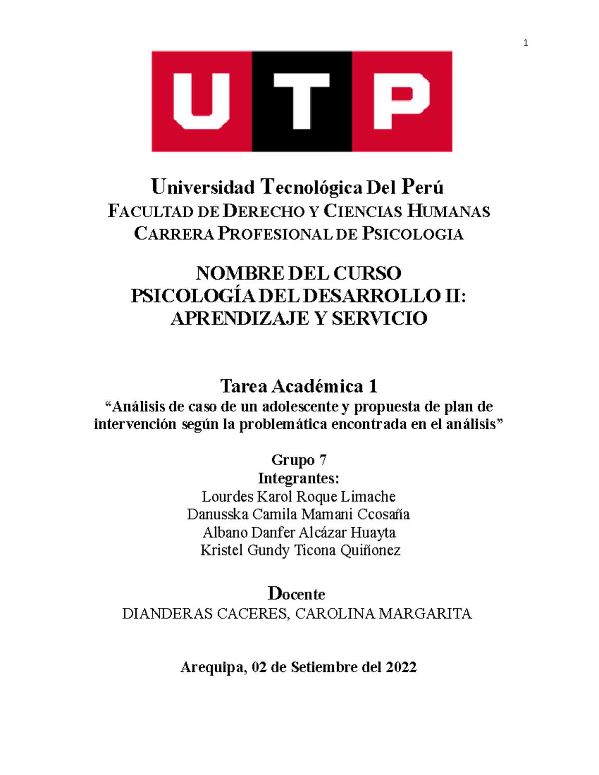 Tarea Académica 1 - TA1 - Universidad Tecnológica Del Perú FACULTAD DE DERECHO Y CIENCIAS ...