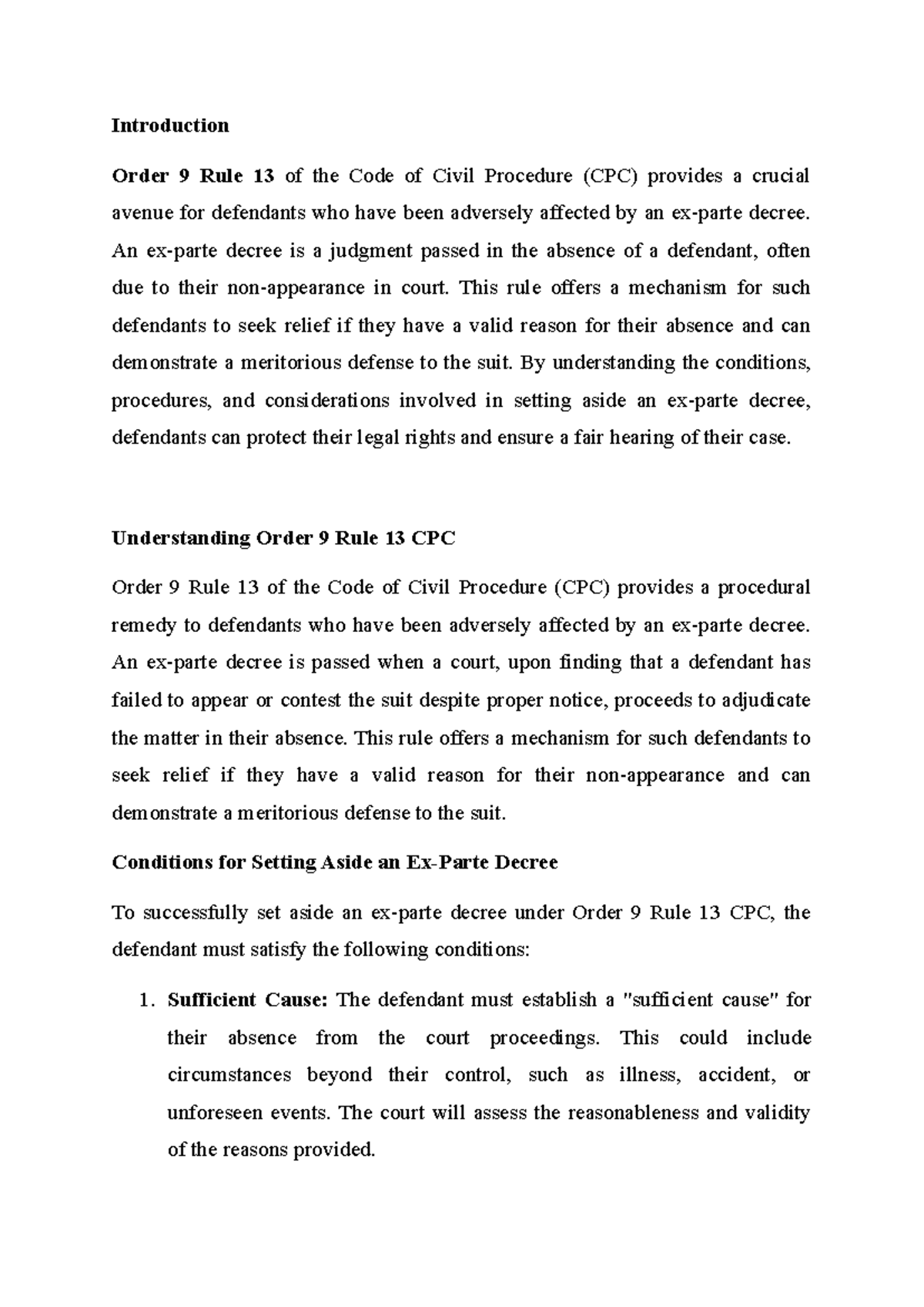 Drafting assignment - Introduction Order 9 Rule 13 of the Code of Civil Procedure (CPC) provides ...