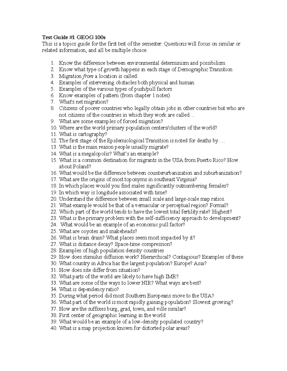 GEOG 100 Test 1 stuff - Test Guide #1 GEOG 100s This is a topics guide ...