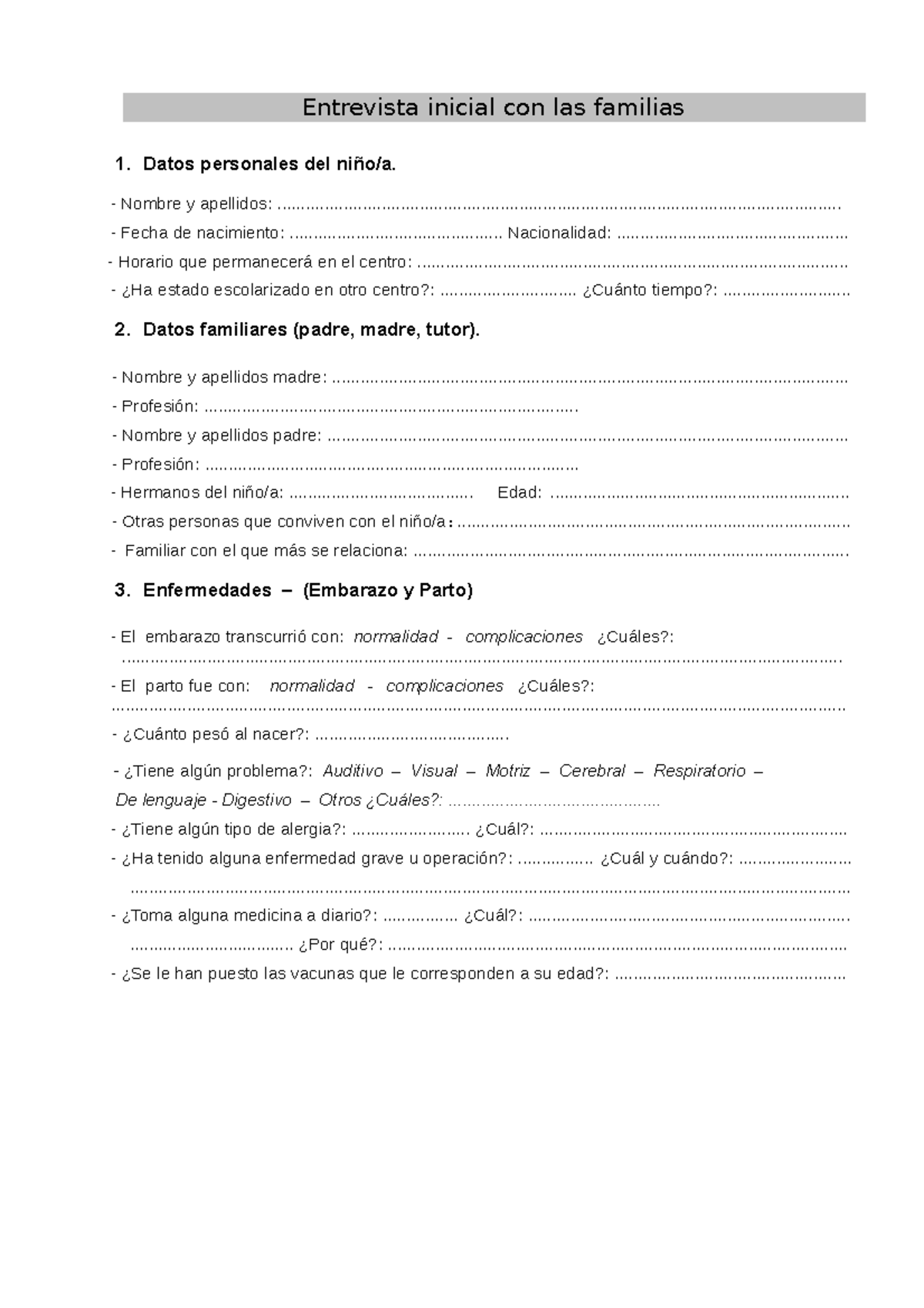 Entrevista inicial con las familias (medianos y mayores) - Entrevista ...