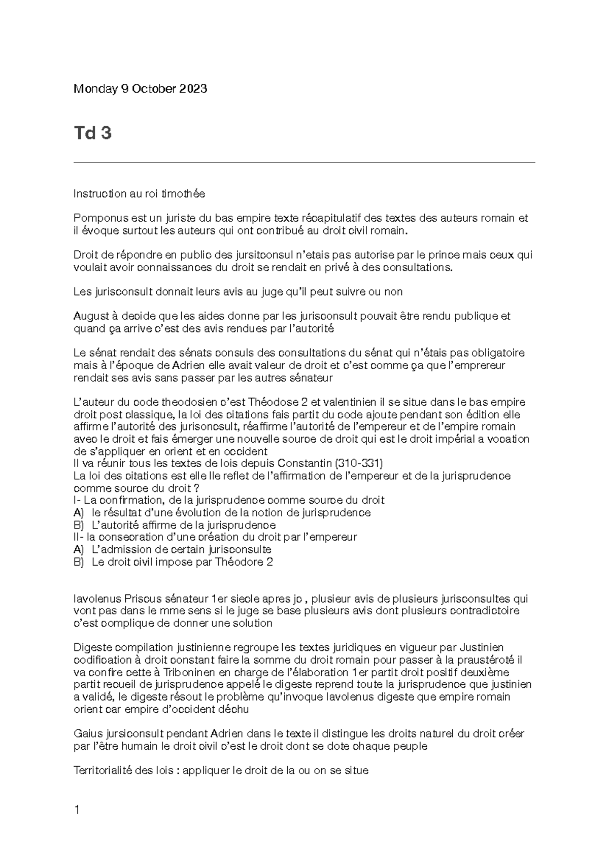 Td 3 intro hisotrique au droit - Monday 9 October 2023 Td 3 Instruction au roi timothée Pomponus ...